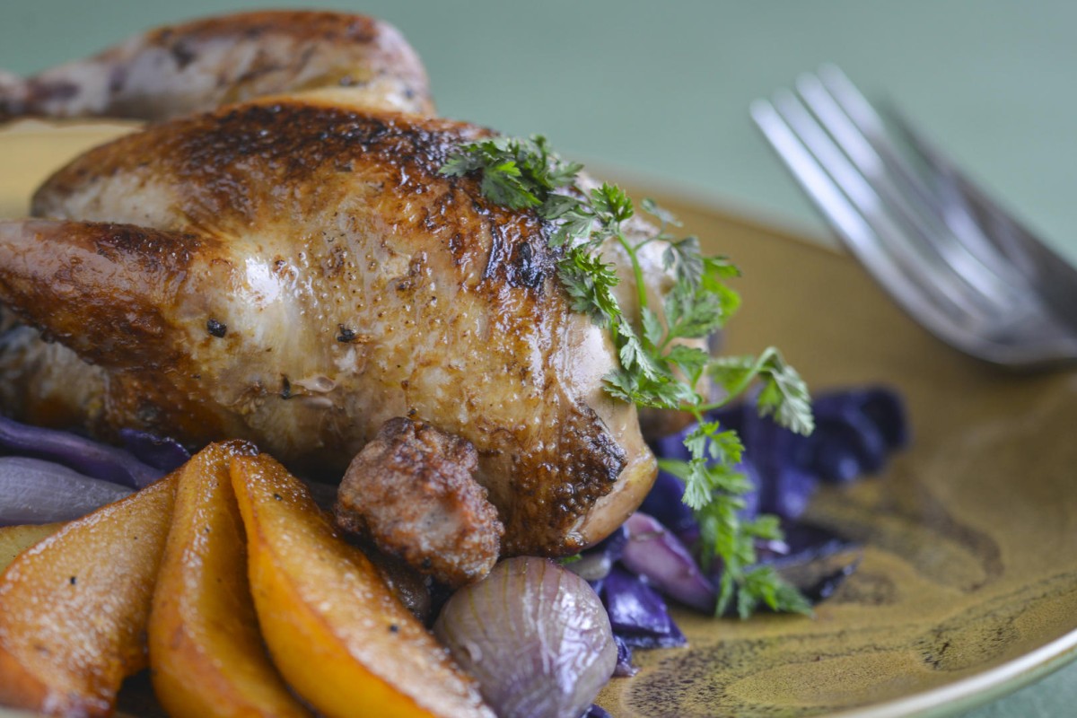 Susan Jung's braised pigeon with sausage stuffing and pear | South ...