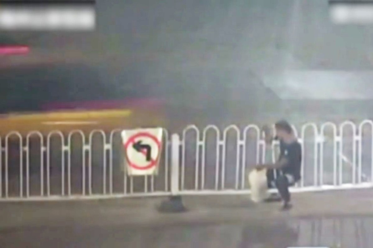 Five policemen rescue Chinese jaywalker stuck in barrier in middle of ...