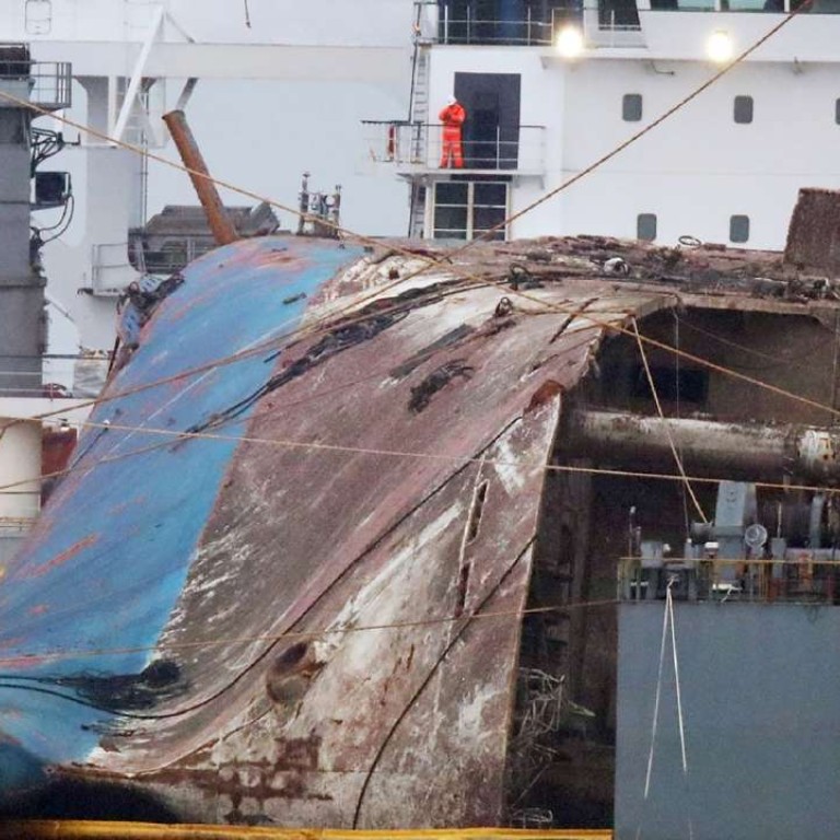Raised Sewol ferry loaded onto transport vessel, completing most ...