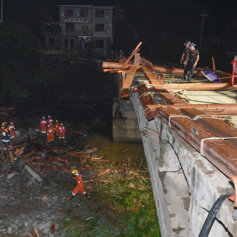 Roof of wooden bridge in China collapses from strong winds, killing ...