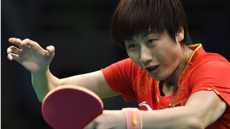 China’s Olympic and World champion table tennis star Ding Ning gives ...